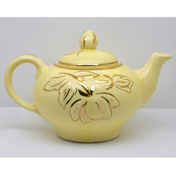Kitchen | Mcm Yellow Ceramic Teapot Hand Painted Gold Flowers And ...